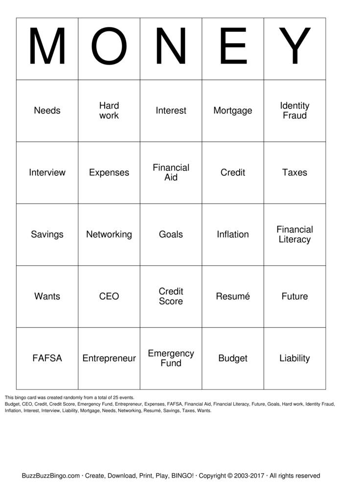 Financial Literacy Bingo Cards To Download Print And Customize Financial Literacy Bingo Cards To Download Print And Customize