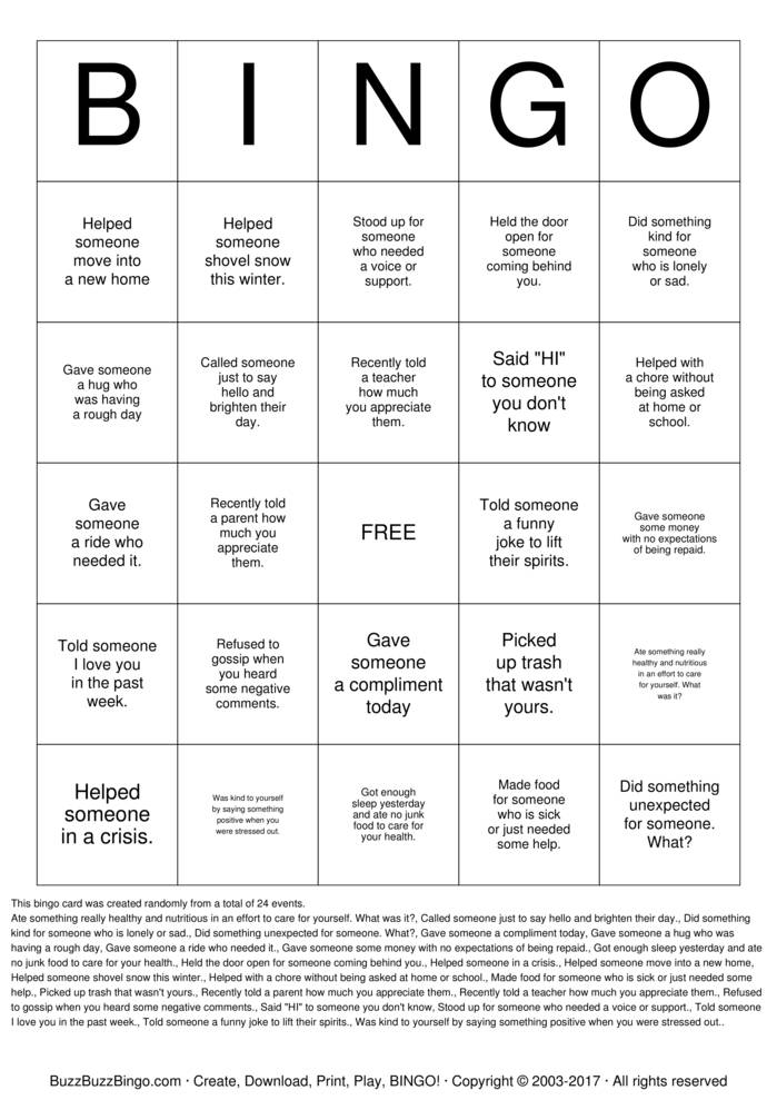 Random Acts Of Kindness Bingo Bingo Cards To Download Print And Customize Random Acts Of Kindness Bingo Bingo Cards To Download Print And Customize