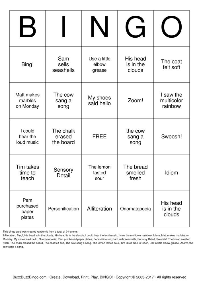 Figurative Language Bingo Cards To Download Print And Customize Figurative Language Bingo Cards To Download Print And Customize