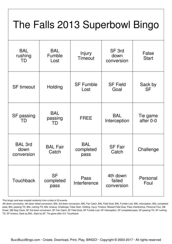 2013 Superbowl BAL vs SF Bingo Cards to Download, Print and Customize!