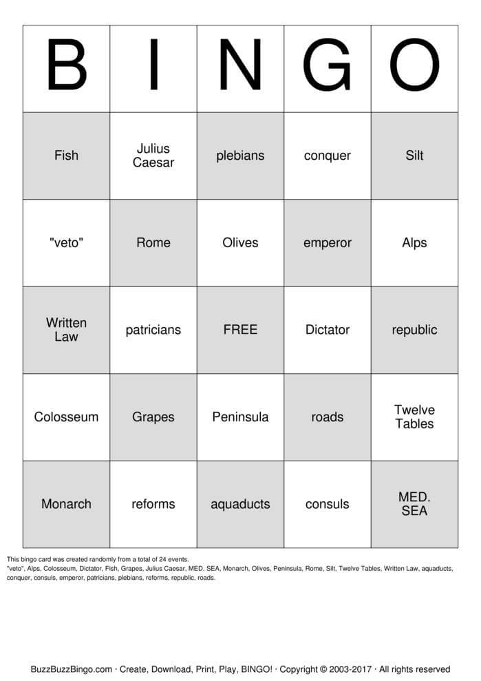 Ancient Rome Bingo Cards to Download, Print and Customize!