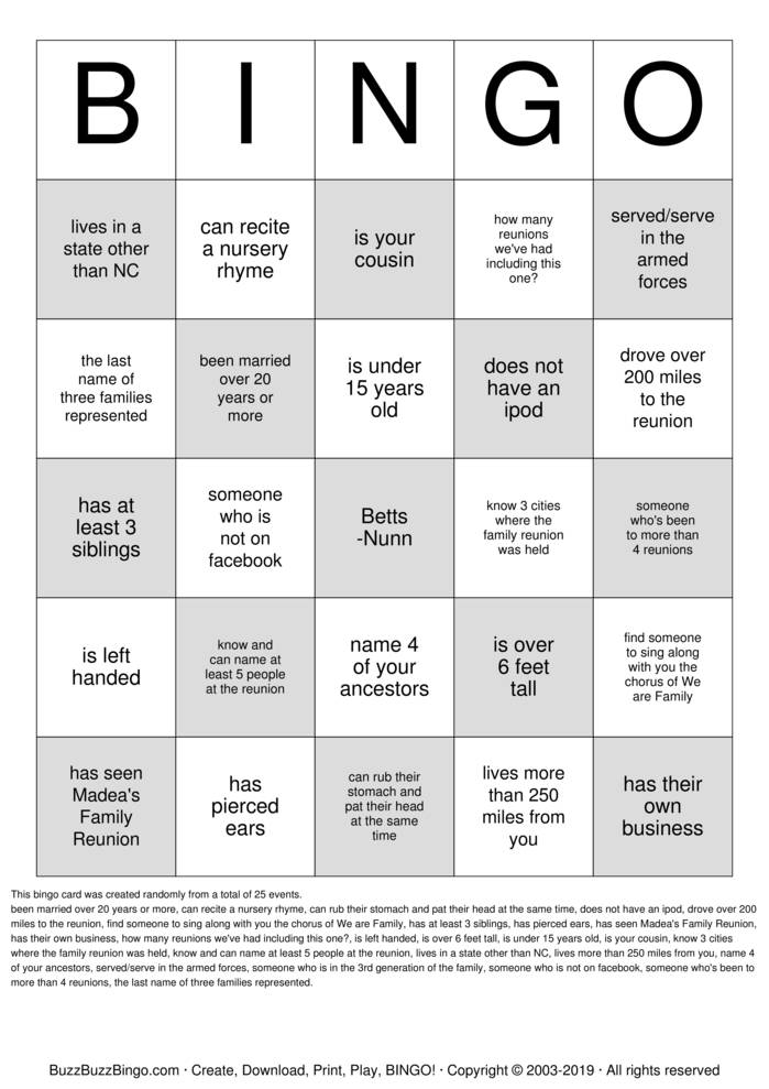 Betts-Nunn Family Bingo Bingo Cards to Download, Print and Customize!