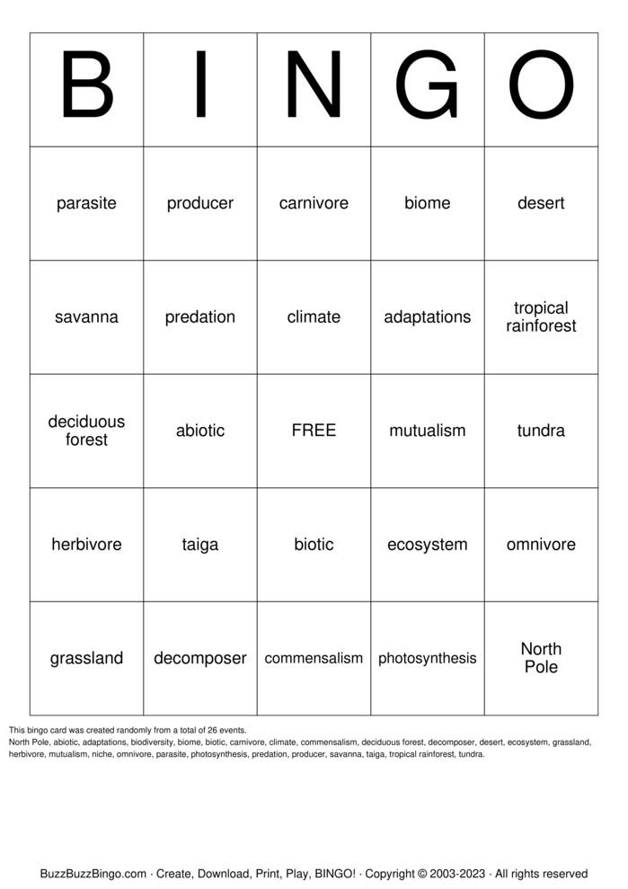 Biomes and Ecosystems Bingo Bingo Cards to Download, Print and Customize!