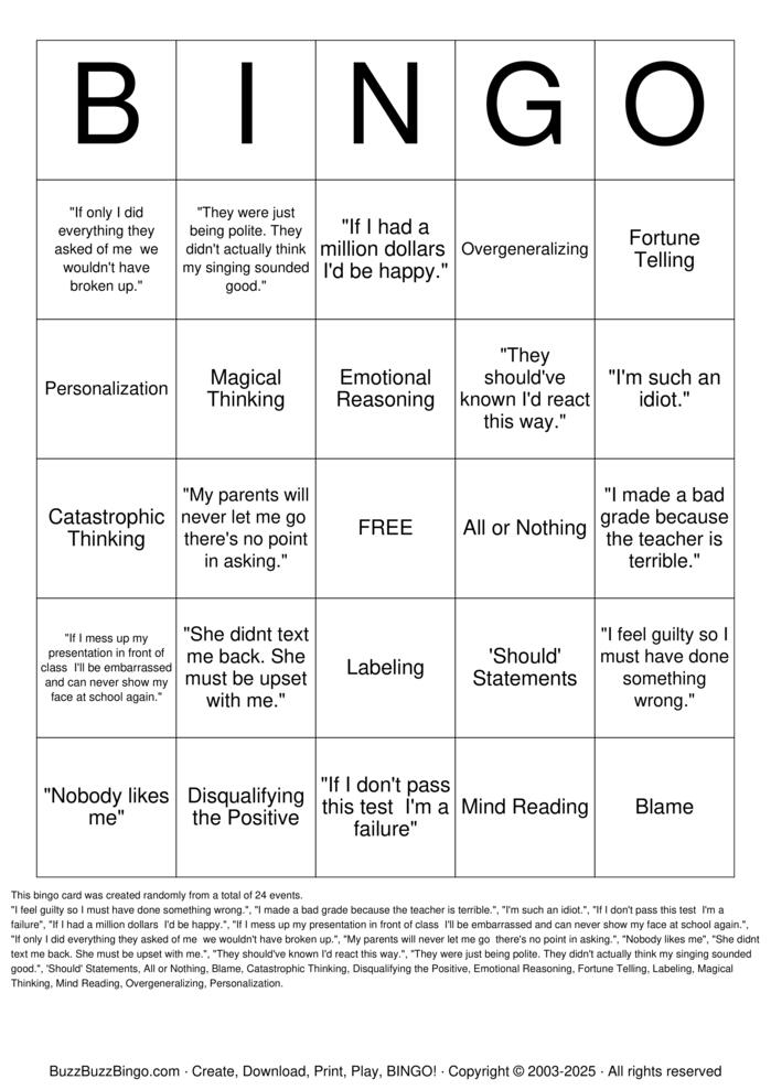 Cognitive Distortions Bingo Cards to Download, Print and Customize!