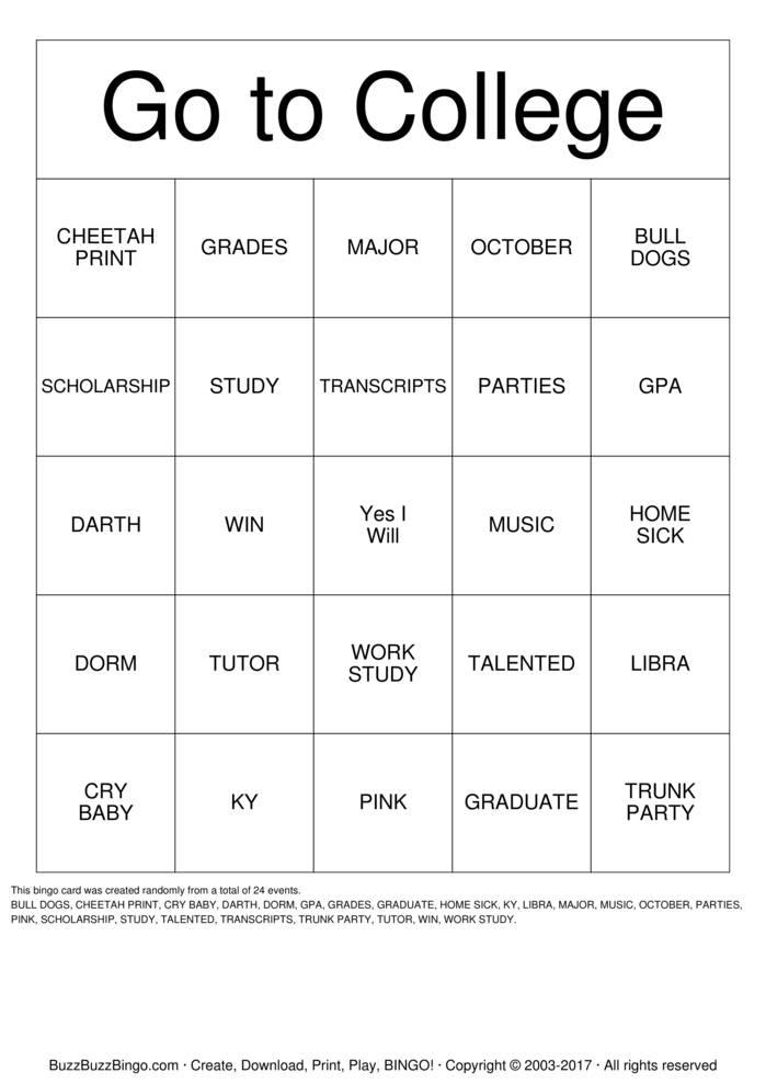College Bingo Cards to Download, Print and Customize!