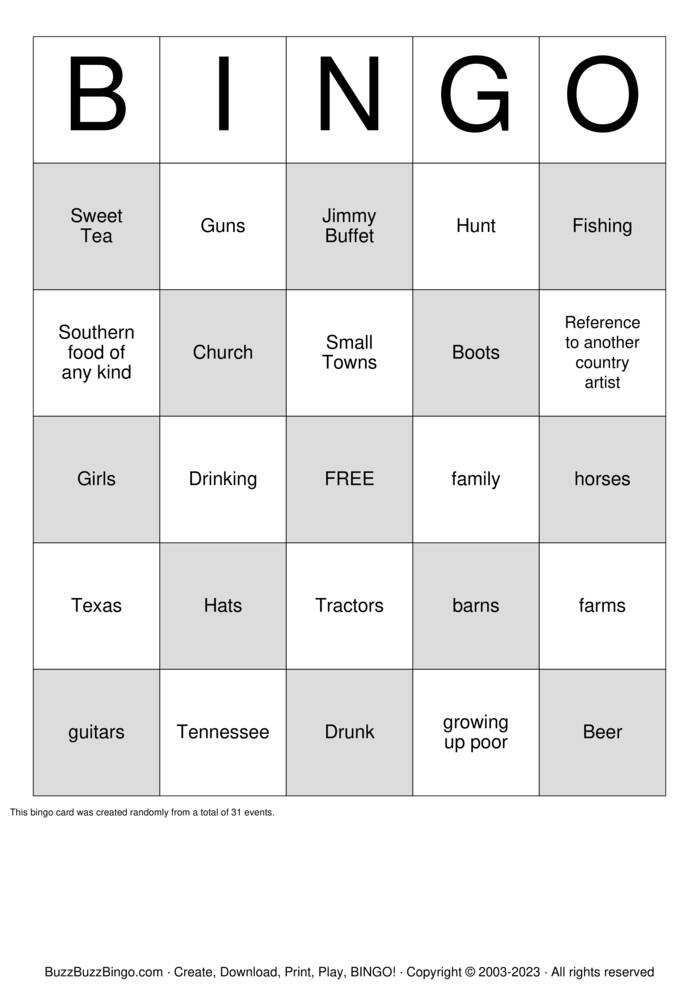 Country music Bingo Cards to Download, Print and Customize!