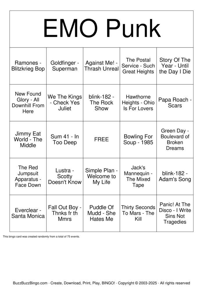 EMO Punk Bingo Cards to Download, Print and Customize!