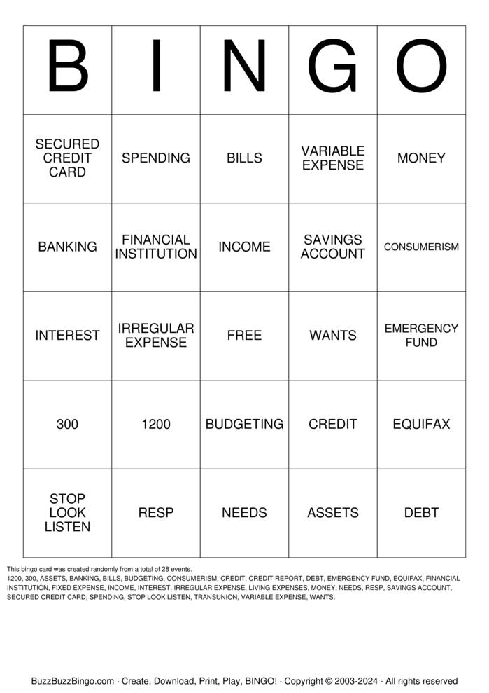 FINANCIAL LITERACY Bingo Cards to Download, Print and Customize!