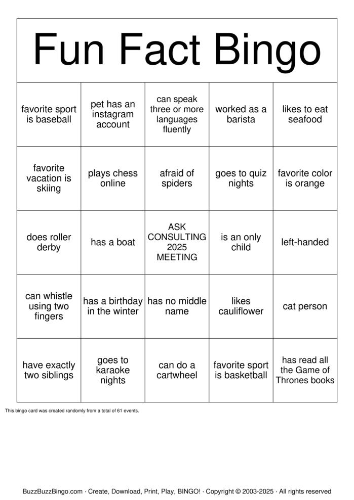 Fun Fact Bingo Bingo Cards to Download, Print and Customize!