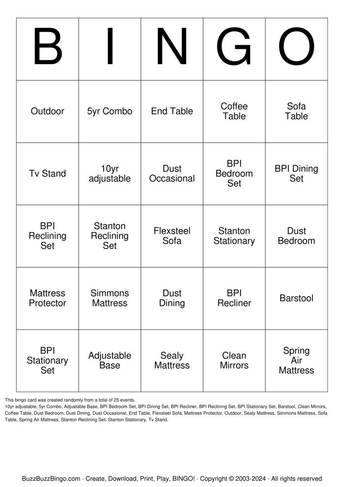 Furniture Bingo Bingo Cards to Download, Print and Customize!