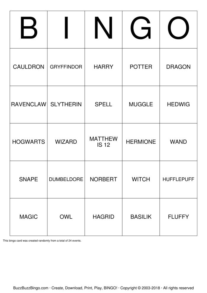 Harry Potter Bingo Bingo Cards to Download, Print and Customize!