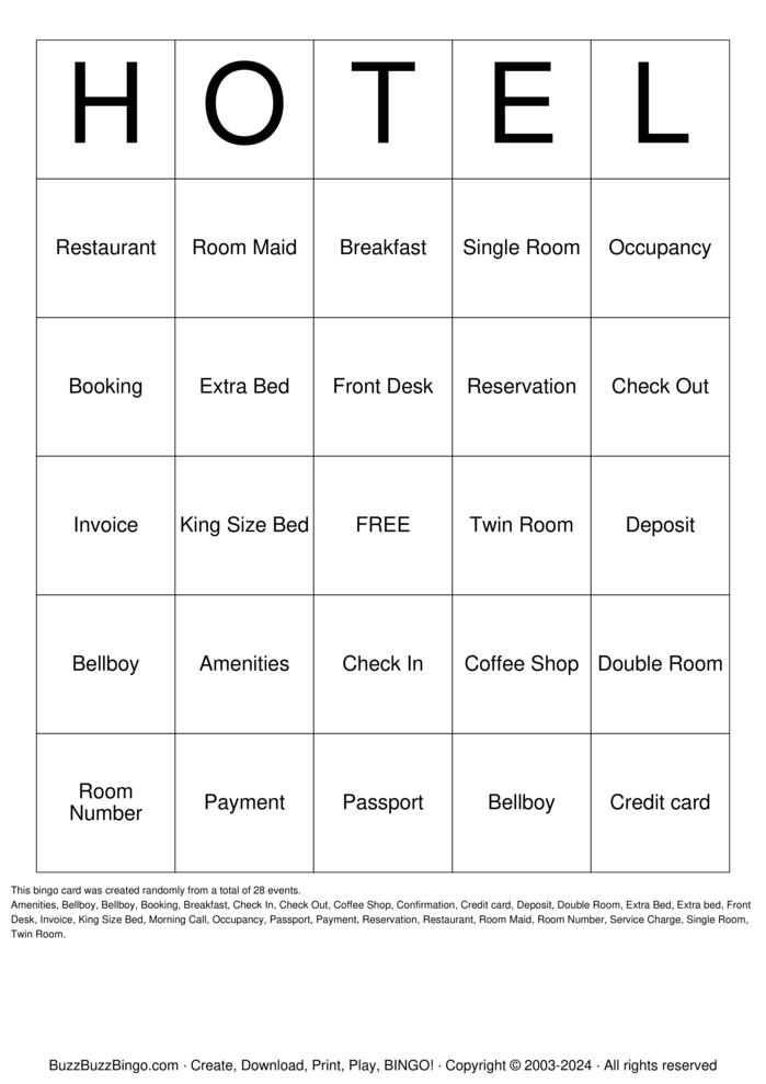 Hotel Bingo Cards to Download, Print and Customize!
