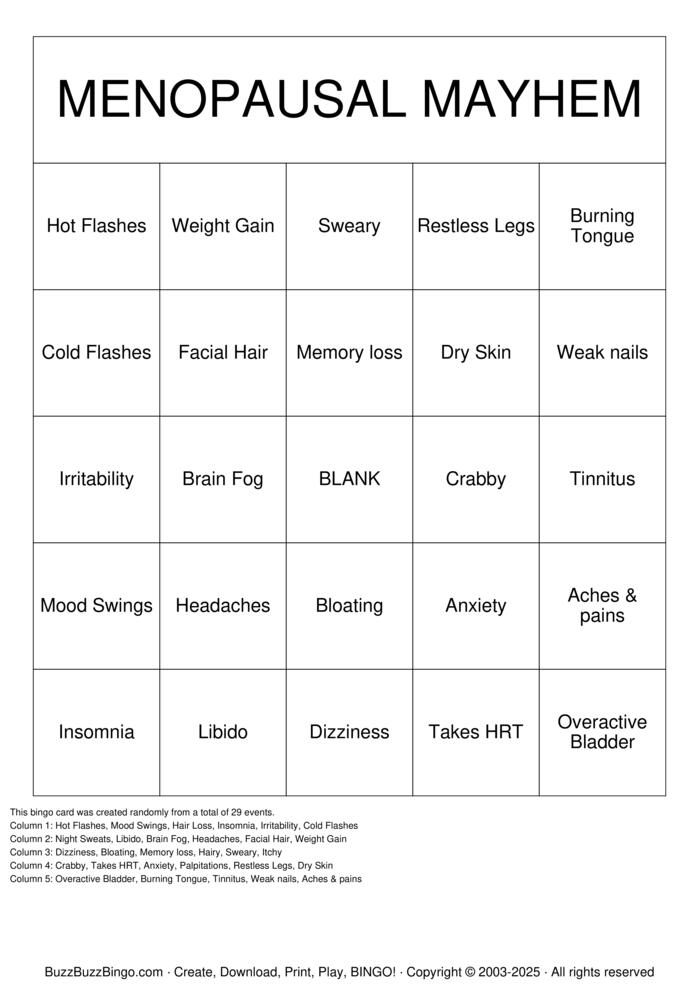 Menopause Bingo Cards to Download, Print and Customize!