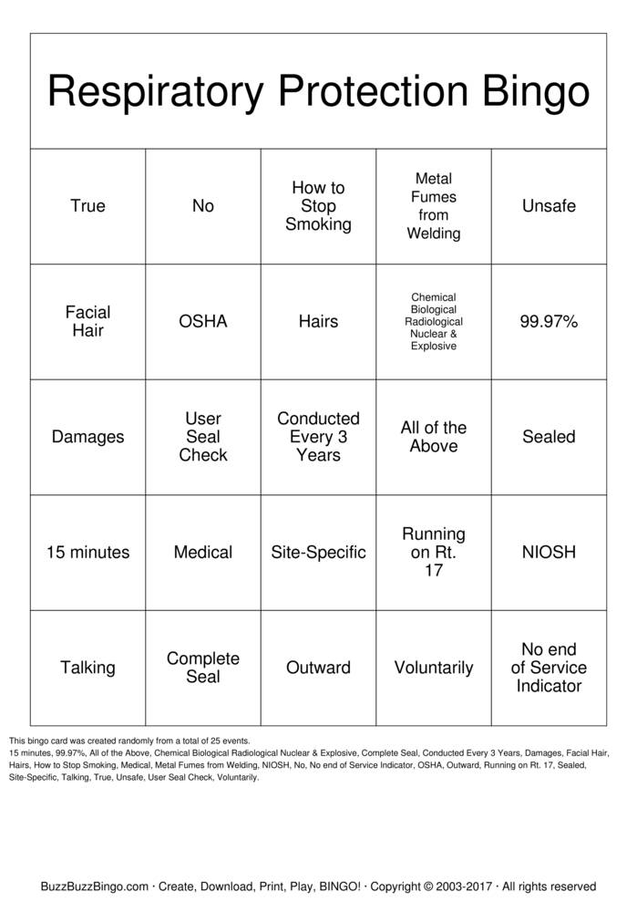 Respiratory Protection Bingo Cards to Download, Print and Customize!