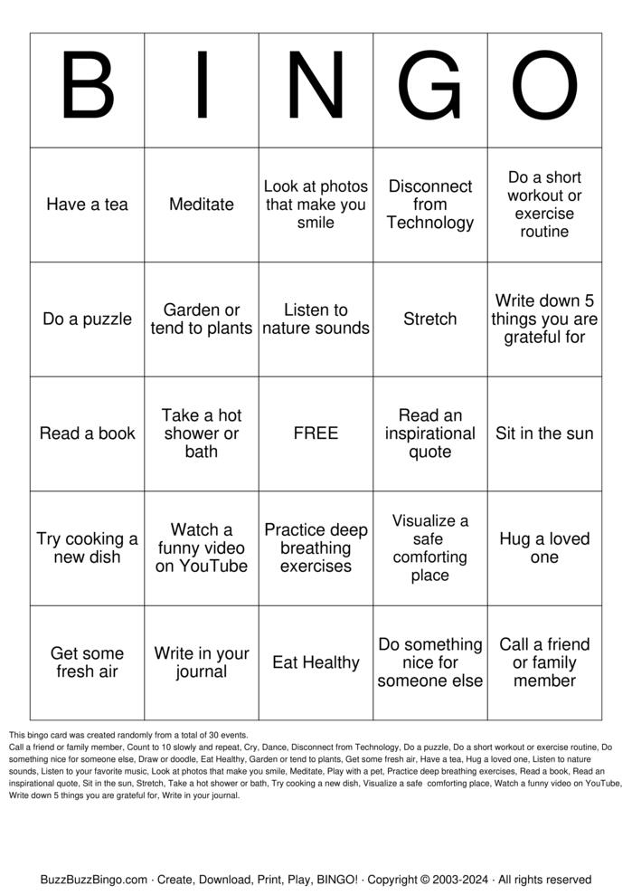 Ways To Relieve Stress Bingo Cards to Download, Print and Customize!