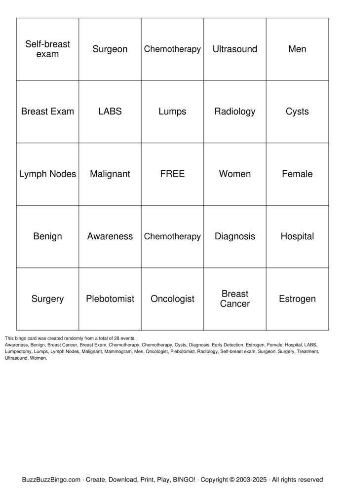 breast cancer Bingo Cards to Download, Print and Customize!