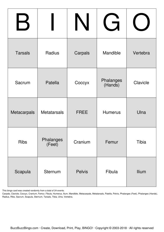 BONE BINGO Bingo Cards to Download, Print and Customize!