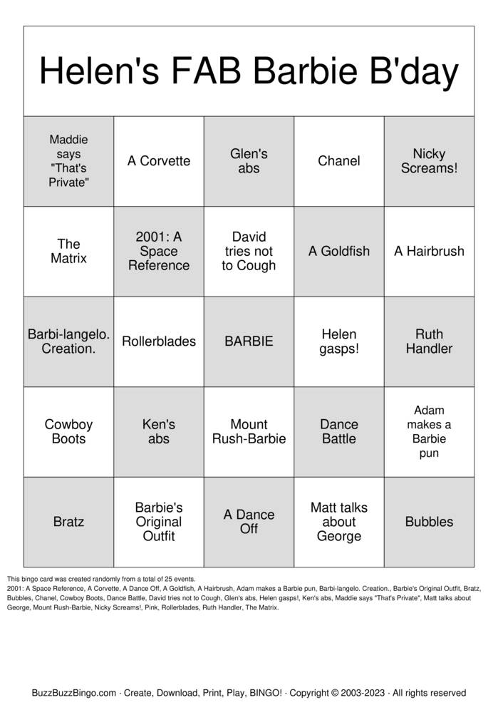 Barbie Bingo Cards to Download, Print and Customize!