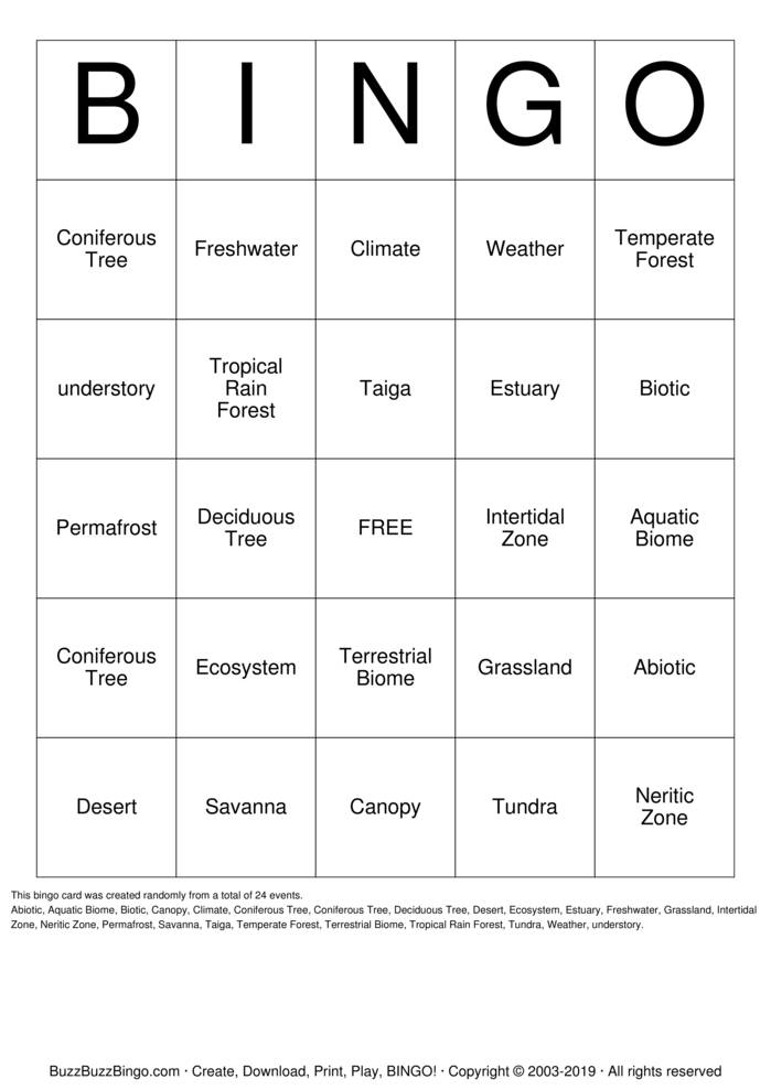 Biomes and Ecosystems Bingo Bingo Cards to Download, Print and Customize!