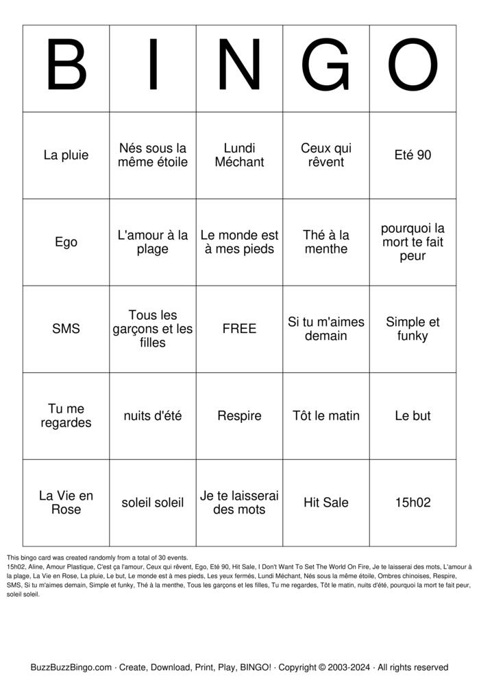 French Songs Bingo Cards to Download, Print and Customize!