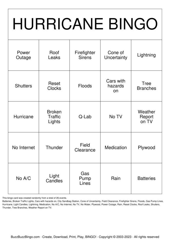 HURRICANE BINGO Bingo Cards to Download, Print and Customize!