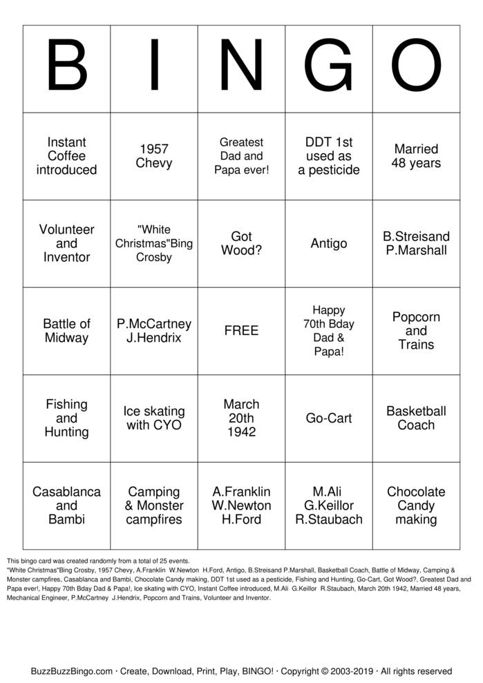 Happy 70th Birthday! Bingo Cards to Download, Print and Customize!