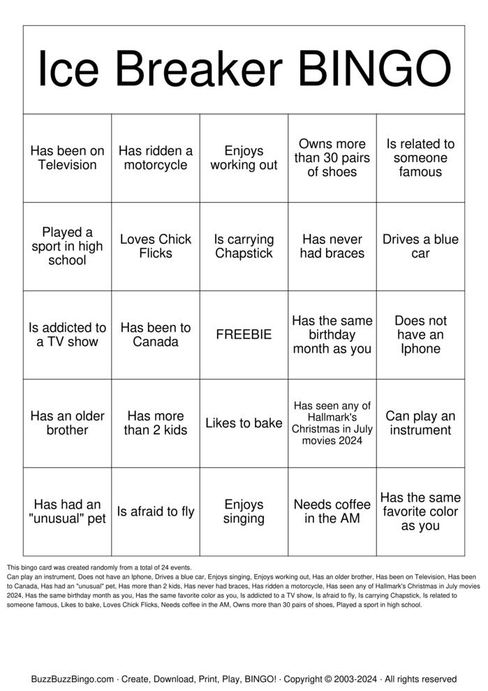 ICEBREAKER BINGO Bingo Cards to Download, Print and Customize!