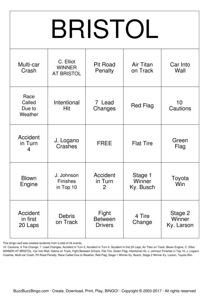 NASCAR Bingo Cards to Download, Print and Customize!