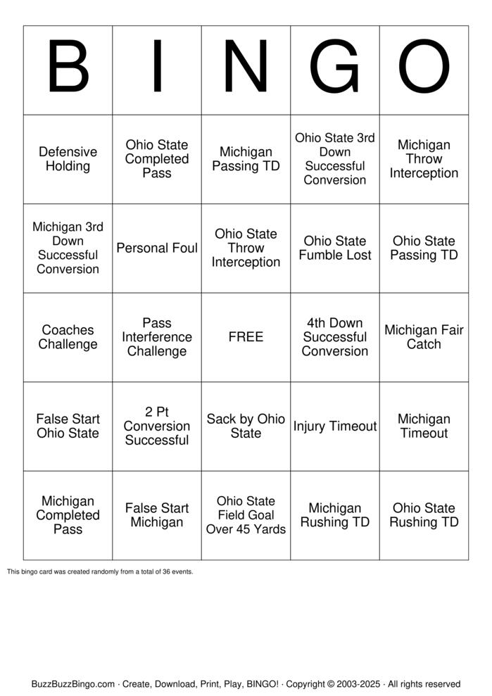 Ohio State vs Michigan Bingo Cards to Download, Print and Customize!