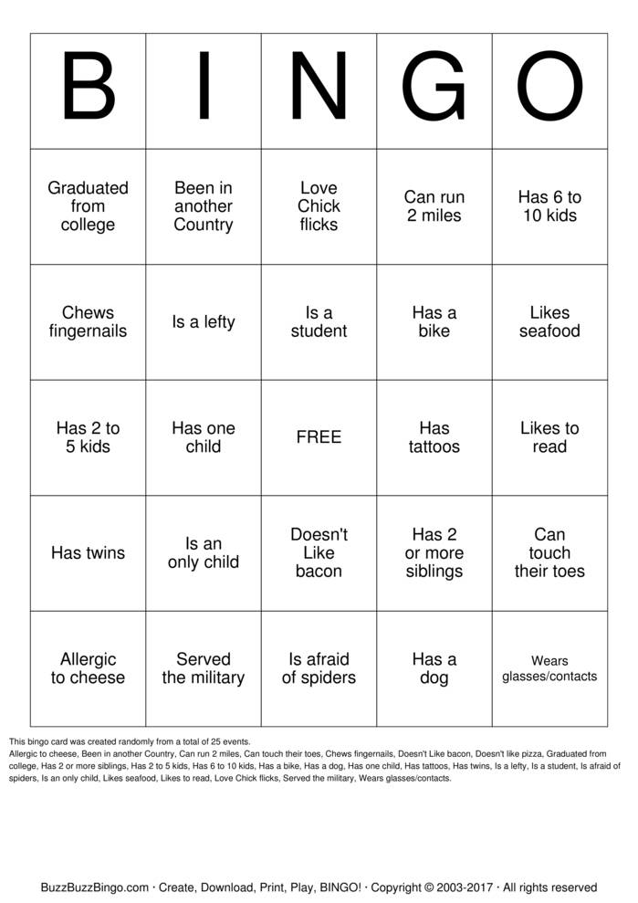 People Bingo Cards to Download, Print and Customize!