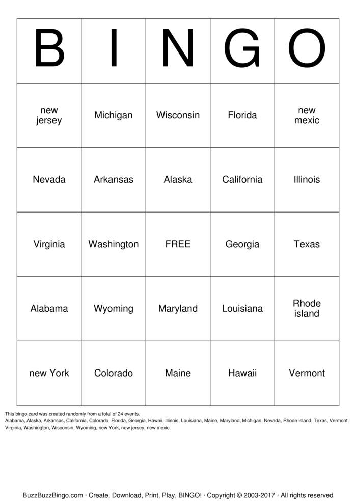 STATES Bingo Cards to Download, Print and Customize!