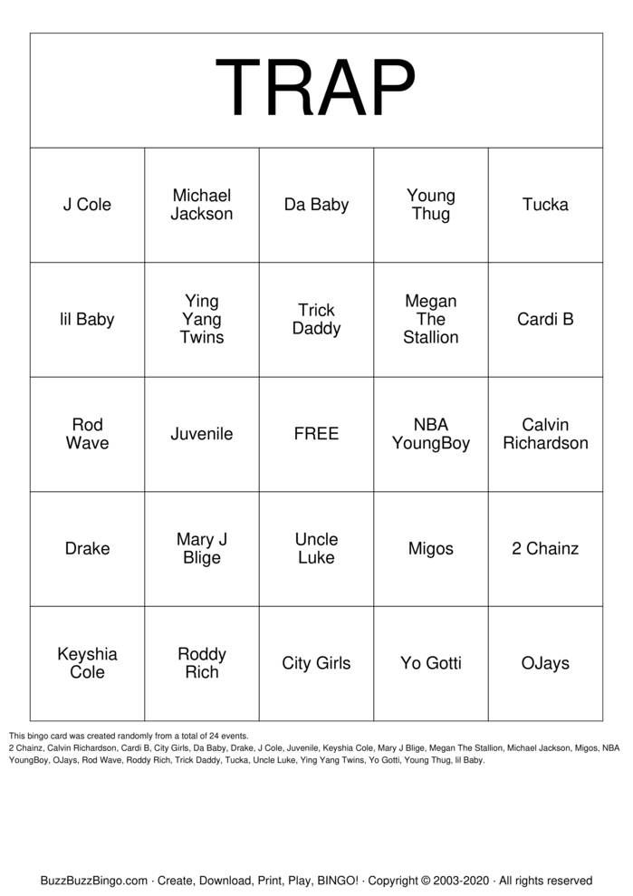 Trap Bingo Cards to Download, Print and Customize!