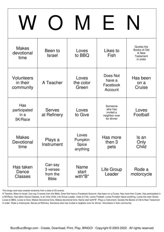 W O M E N Bingo Cards to Download, Print and Customize!