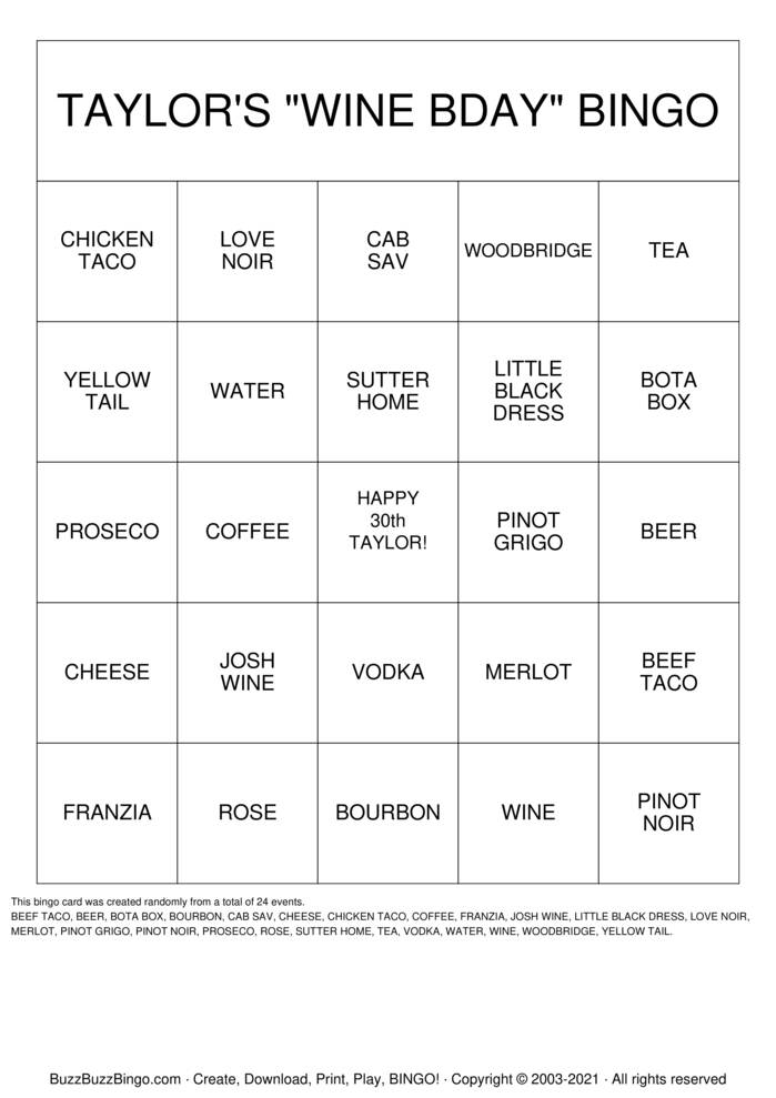 Wine Bingo Bingo Cards to Download, Print and Customize!