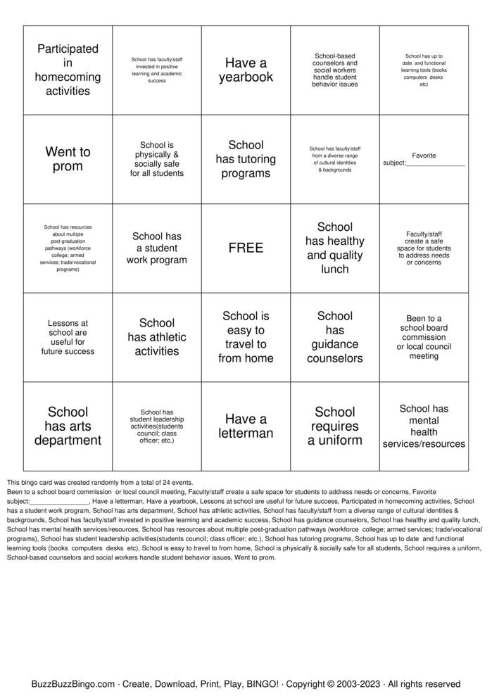You & Your School Bingo Cards to Download, Print and Customize!