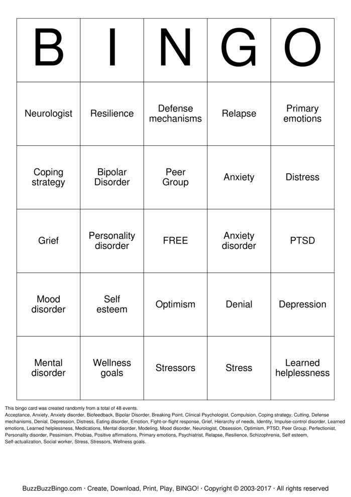 self esteem Bingo Cards to Download, Print and Customize!