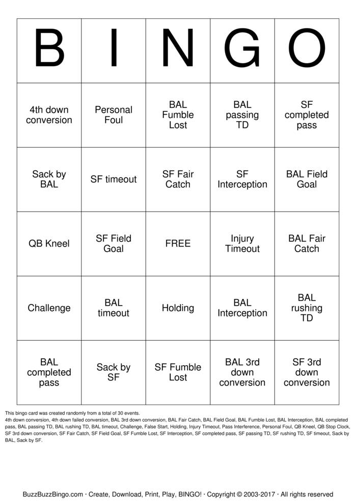 2013 Superbowl BAL vs SF Bingo Cards to Download, Print and Customize!