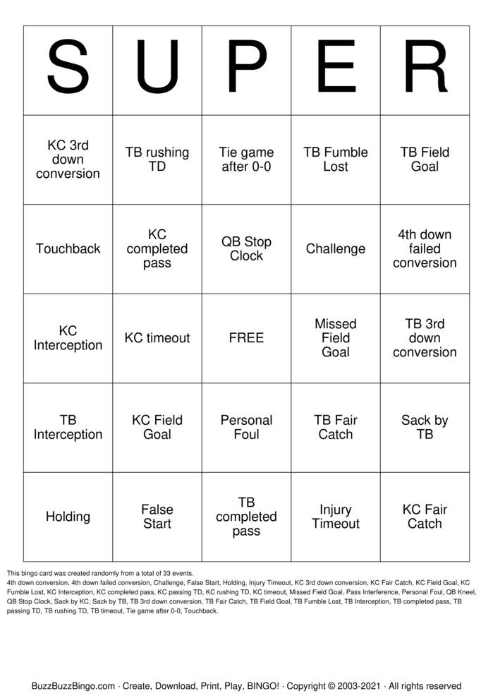 2021 Superbowl Super Bingo Cards to Download, Print and Customize!