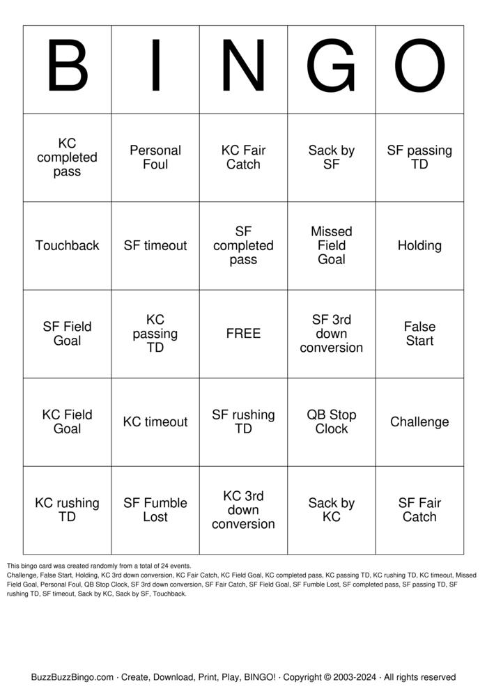 2024 Superbowl SF vs KC Bingo Cards to Download, Print and Customize!