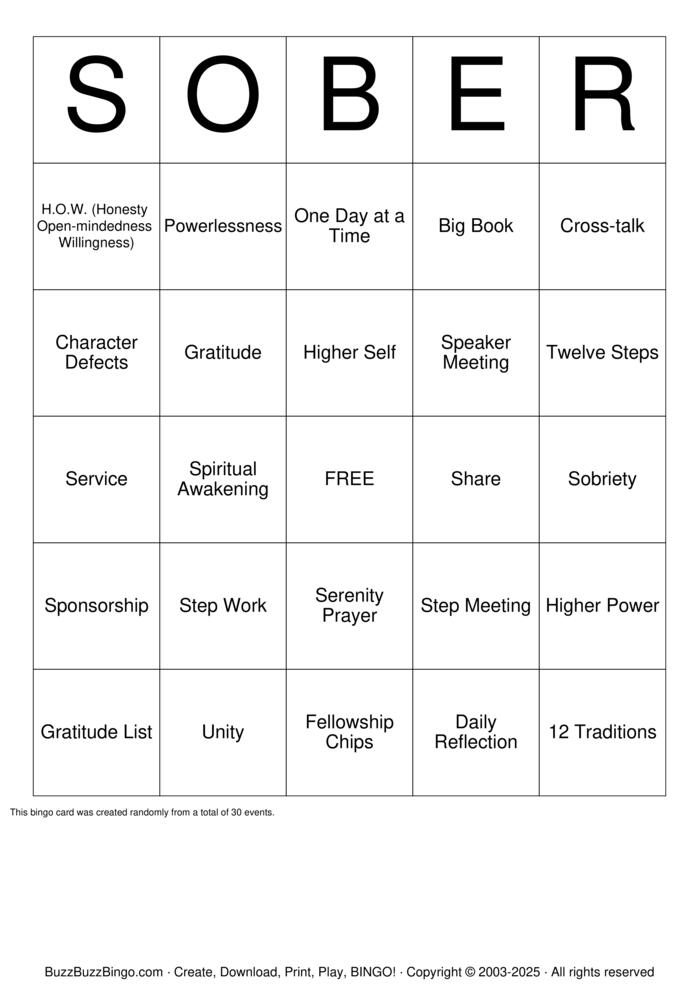 Alcoholics Anonymous Bingo Cards to Download, Print and Customize!