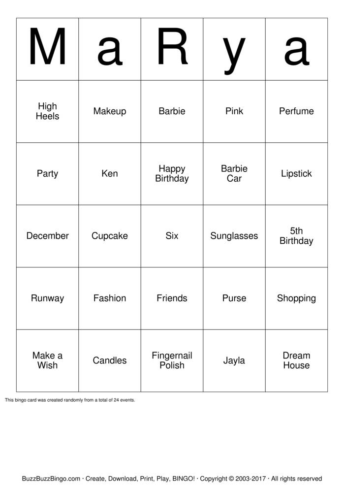 Barbie Bingo Cards to Download, Print and Customize!