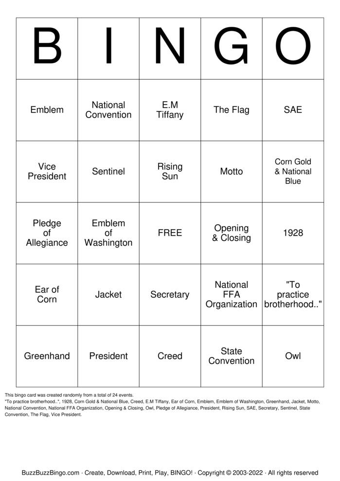 FFA Bingo Bingo Cards to Download, Print and Customize!