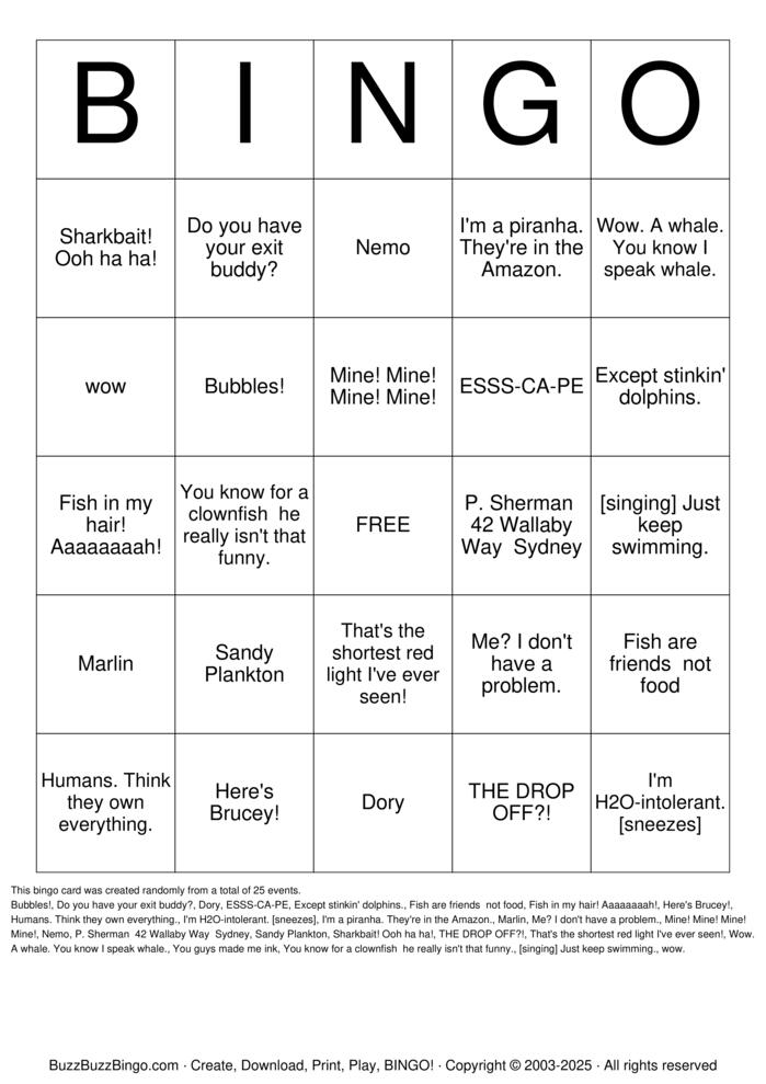 Finding Nemo Bingo Cards to Download, Print and Customize!