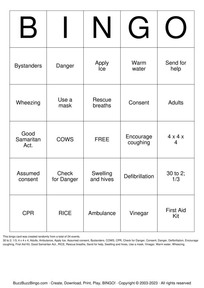 First Aid Bingo Bingo Cards to Download, Print and Customize!