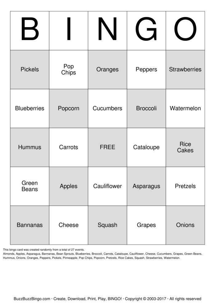 Healthy Snacks Bingo Cards to Download, Print and Customize!