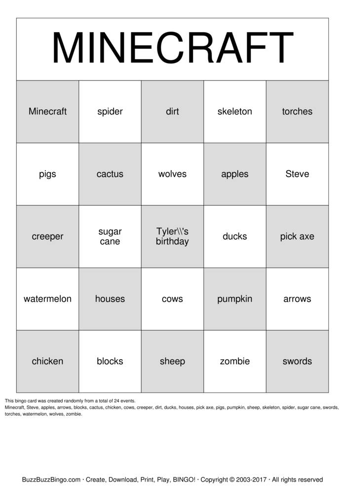 MineCraft Bingo Cards to Download, Print and Customize!