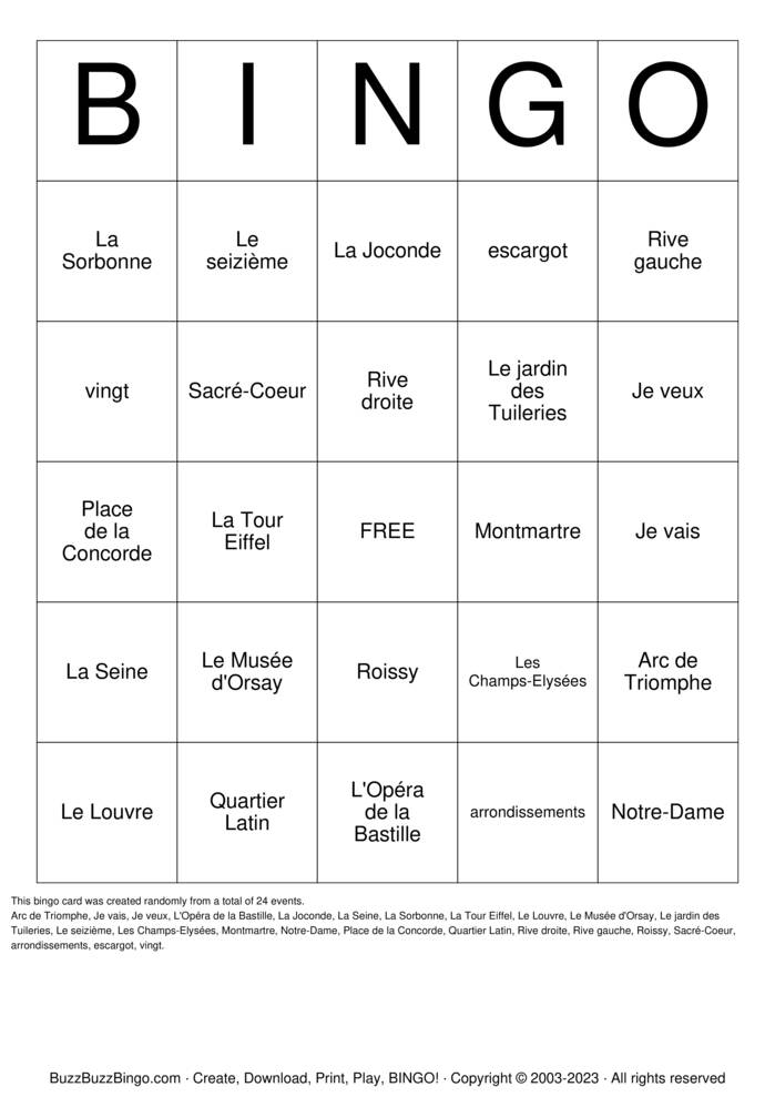 Paris Bingo Cards to Download, Print and Customize!