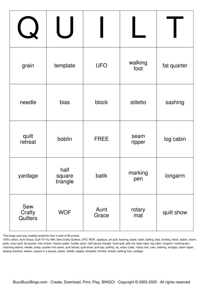 QUILT Bingo Cards to Download, Print and Customize!