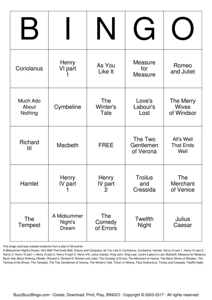 Romeo and Juliet Bingo Cards to Download, Print and Customize!