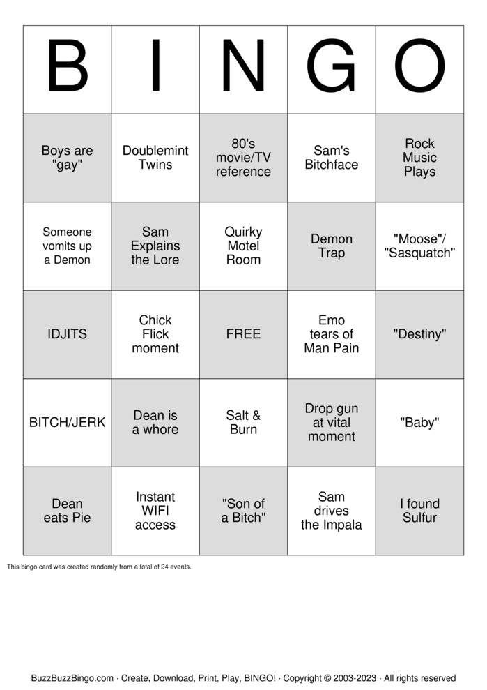 SUPERNATURAL Bingo Cards to Download, Print and Customize!